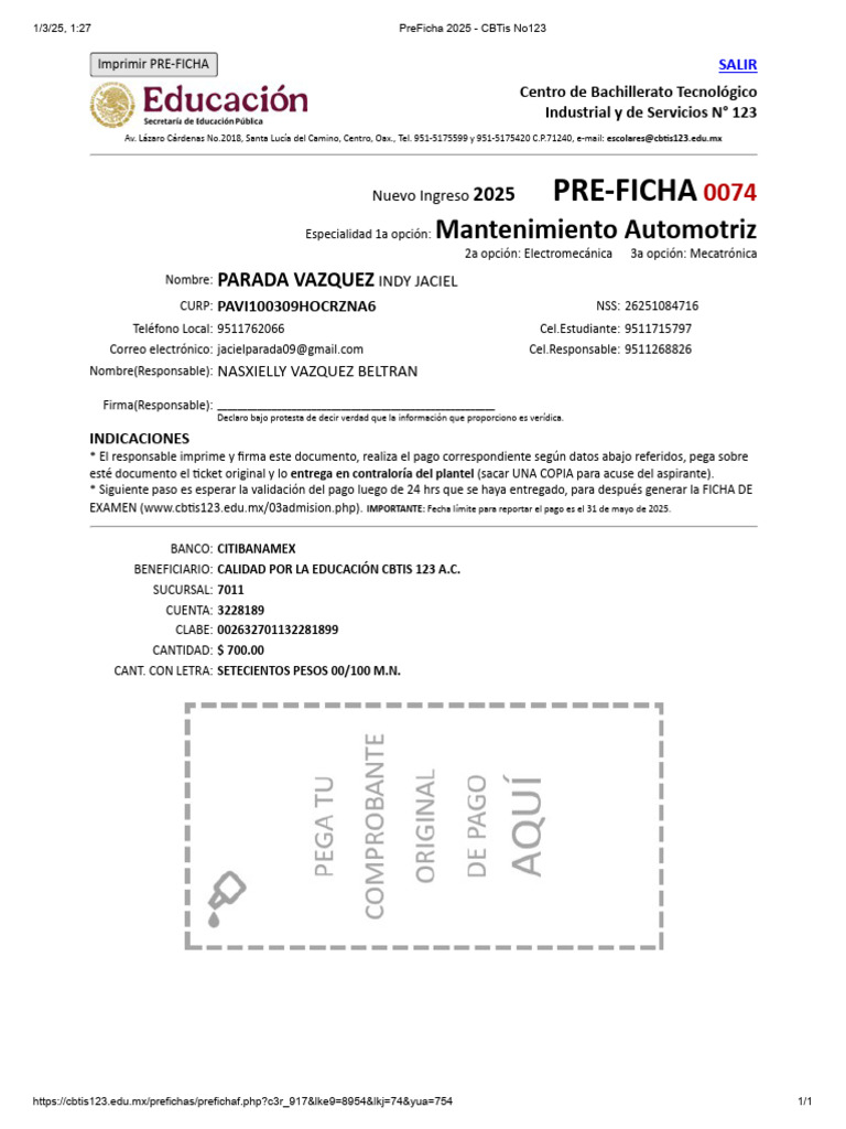 Pre-Ficha 2025 CBTis 123: Instrucciones y Pago | PDF