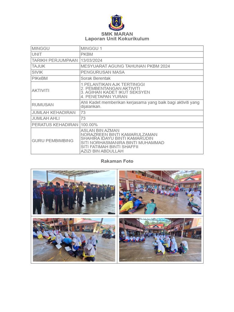 SMK Maran Laporan Unit Kokurikulum: Rakaman Foto | PDF