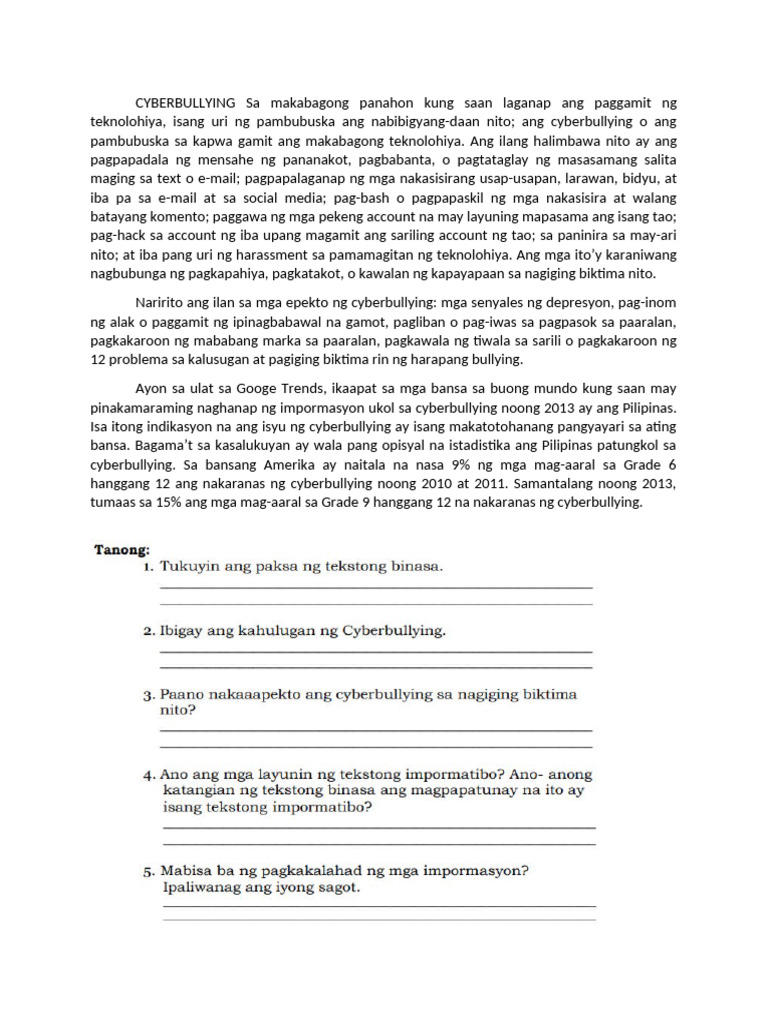 CYBERBULLYING Sa makabagong panahon kung saan laganap ang paggamit ng teknolohiya | PDF