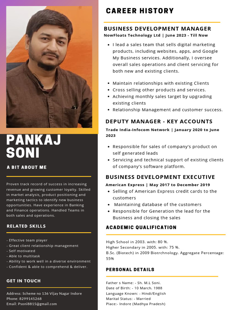 Pankaj Soni: Career History | PDF | Sales | Business