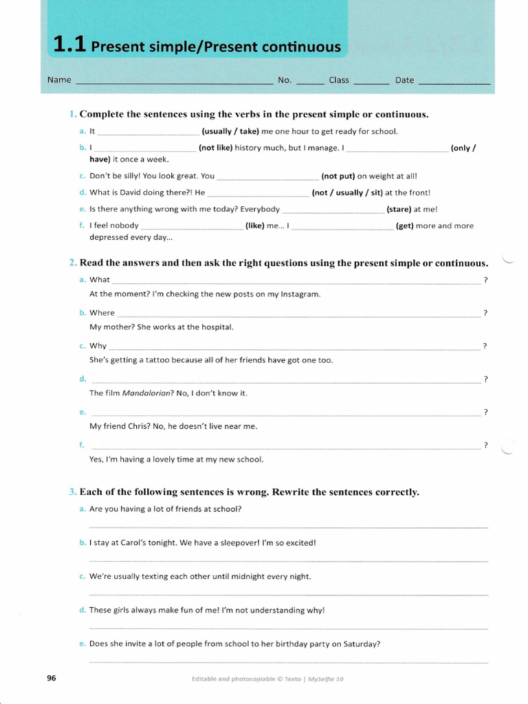 Present Simple vs Continuous Exercises | PDF | Linguistics | Grammar