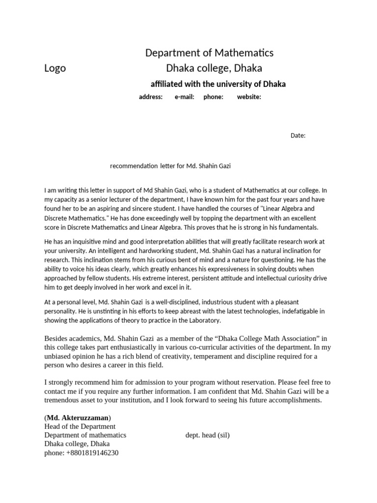 Recommendation for Md. Shahin Gazi | PDF | Mathematics | Cognition