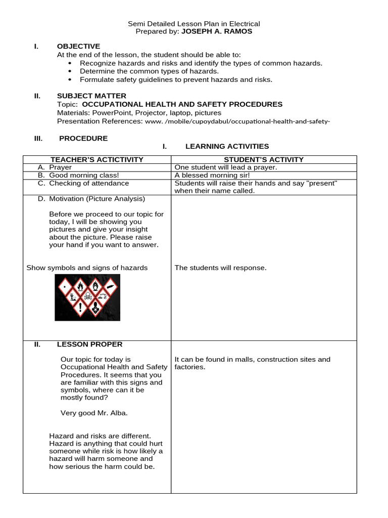 Electrical Safety Lesson Plan | PDF | Hazards | Occupational Safety And ...