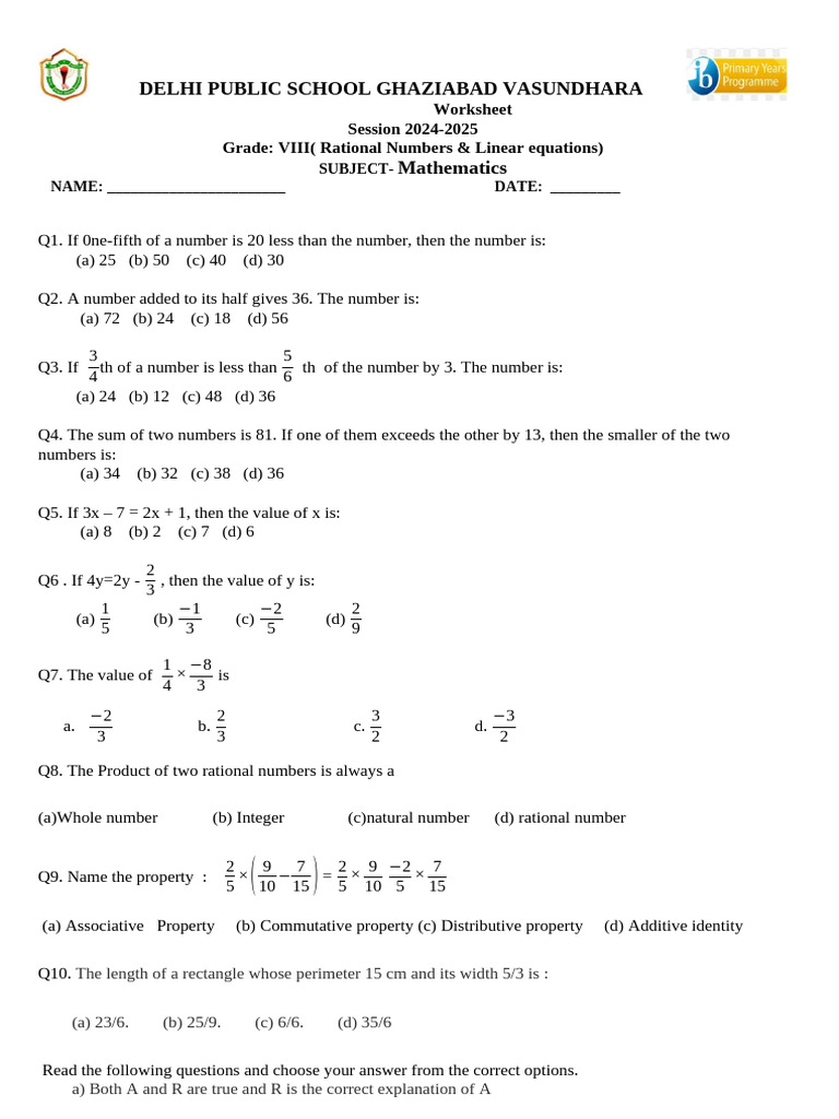 Grade VIII Math Worksheet: Rational Numbers | PDF | Mathematics ...