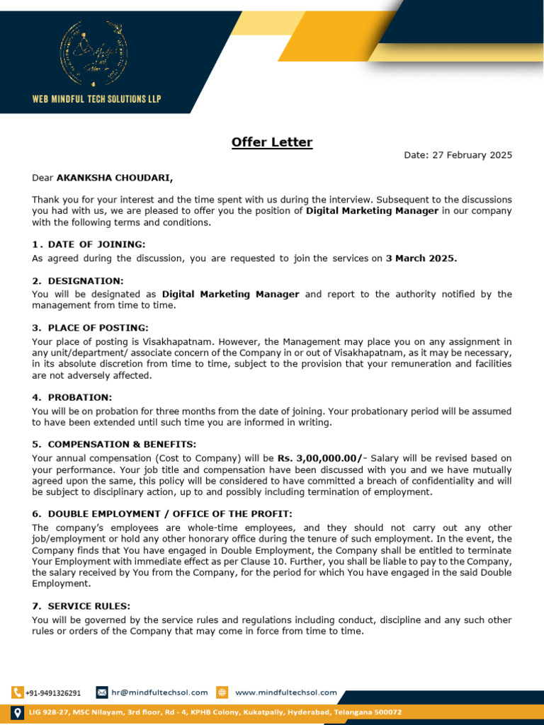 Digital Marketing Manager Offer Letter | PDF | Damages | Legal Liability