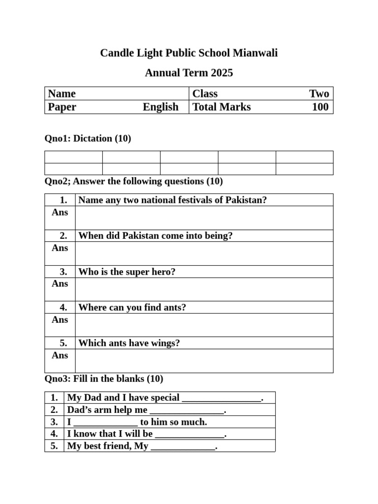 Class 2 English Question Paper 2025 | PDF