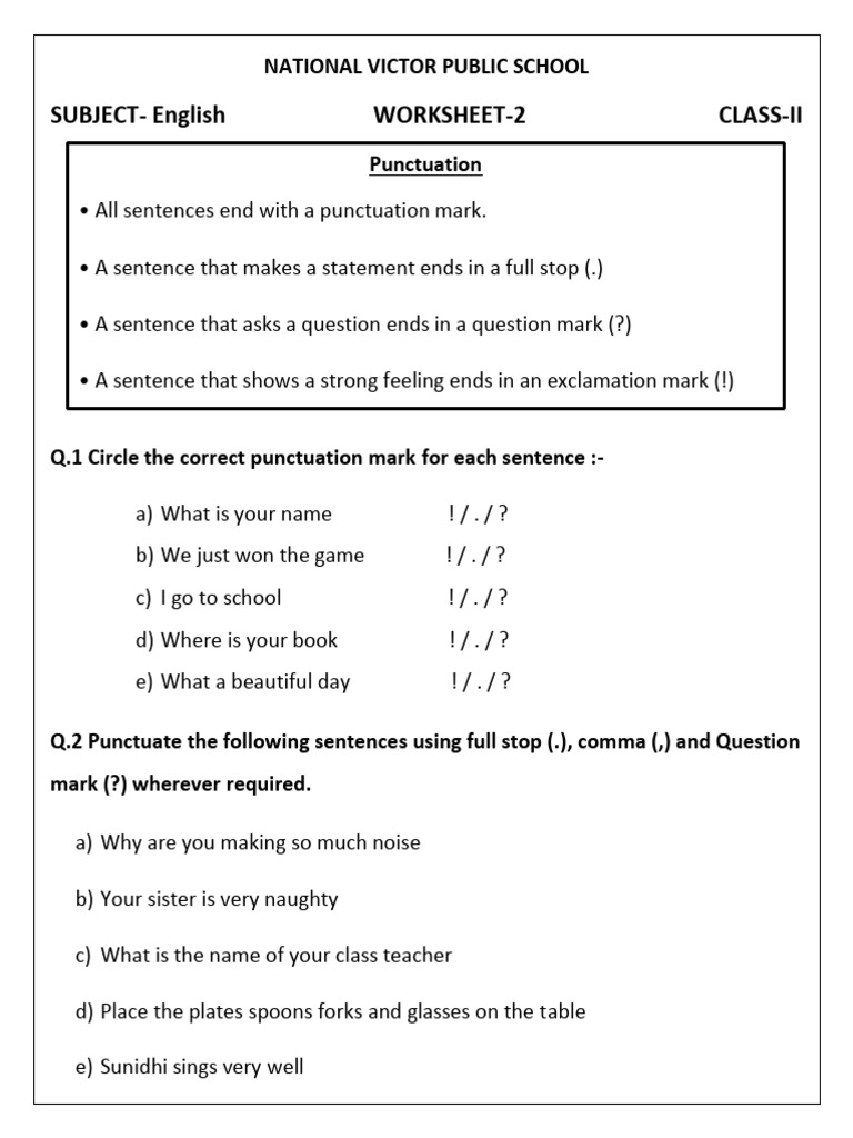Class-IIWorksheets (Week2) | PDF | Punctuation | Grammar