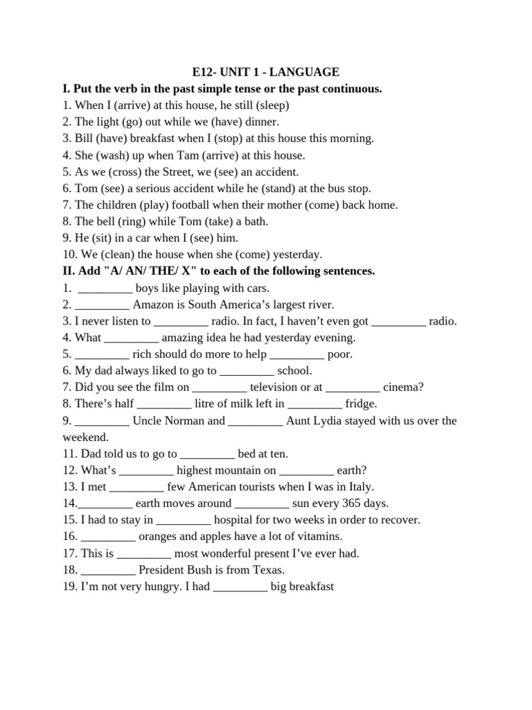 Bài tập E12 Unit 1 Language | PDF