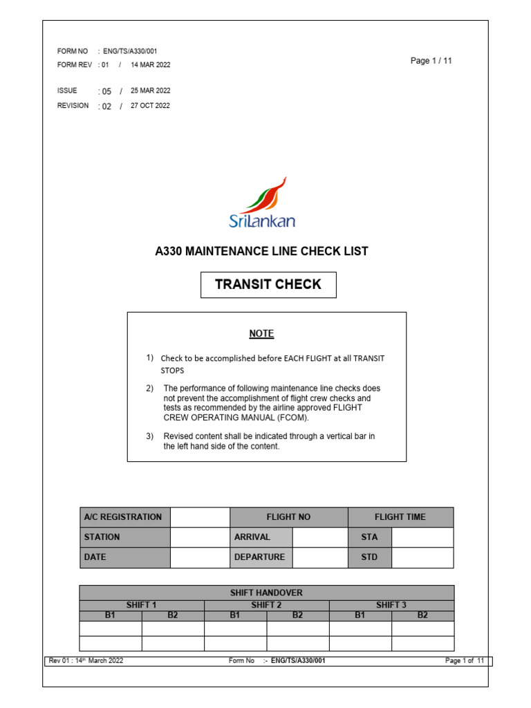 A330 Transit Maintenance Check List | PDF | Landing Gear | Toilet