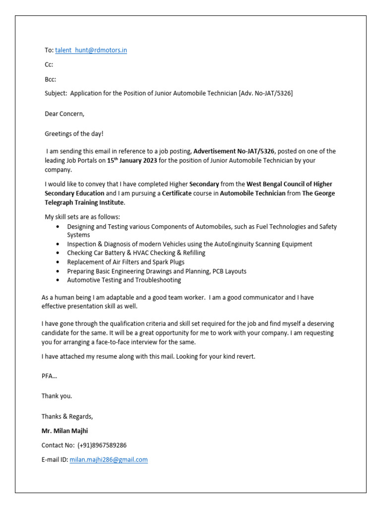 Milan Majhi's Application for Technician Role | PDF