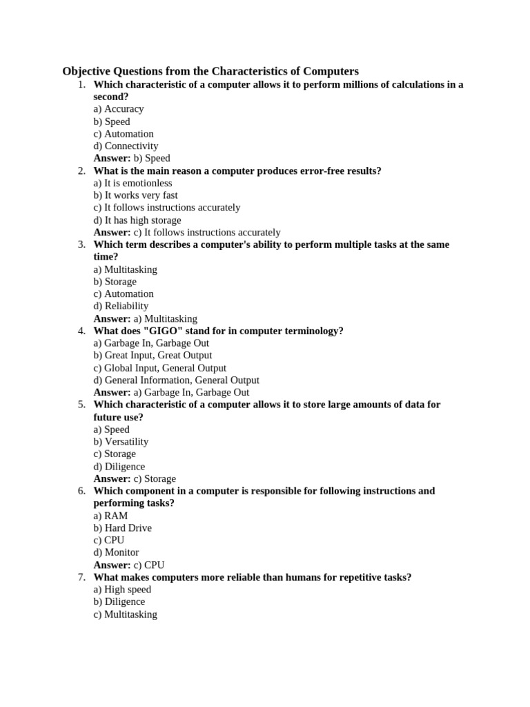 Objective Questions From The Characteristics of Computers | PDF ...