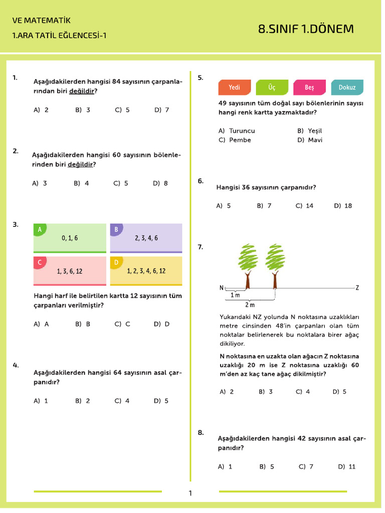 8.sinif Matematik 1.donem Deneme Sinavi Ve Cevap Anahtari | PDF