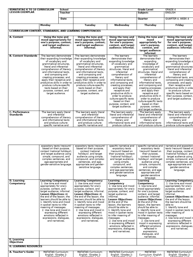 Grade 4-Q4W4 (Matatag DLL) - English | PDF | Feeling | Curriculum