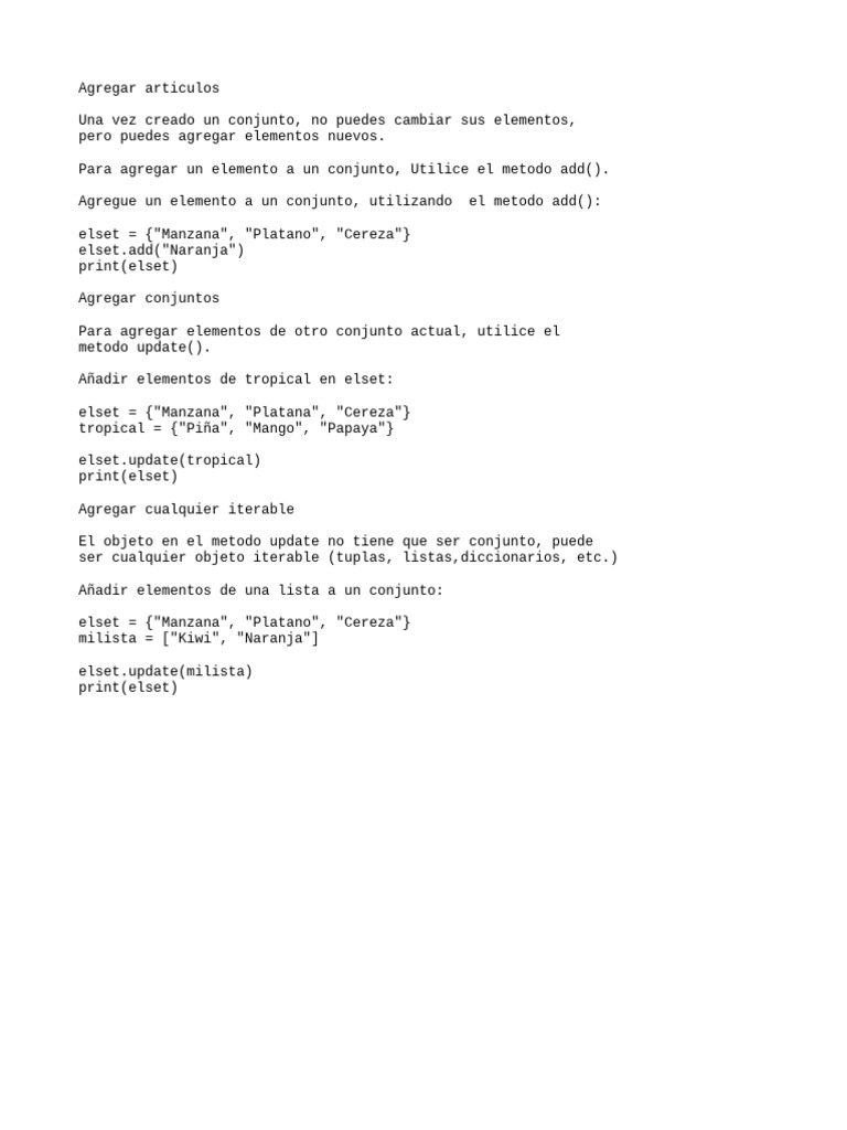 Agregar elementos a un conjunto en Python | PDF