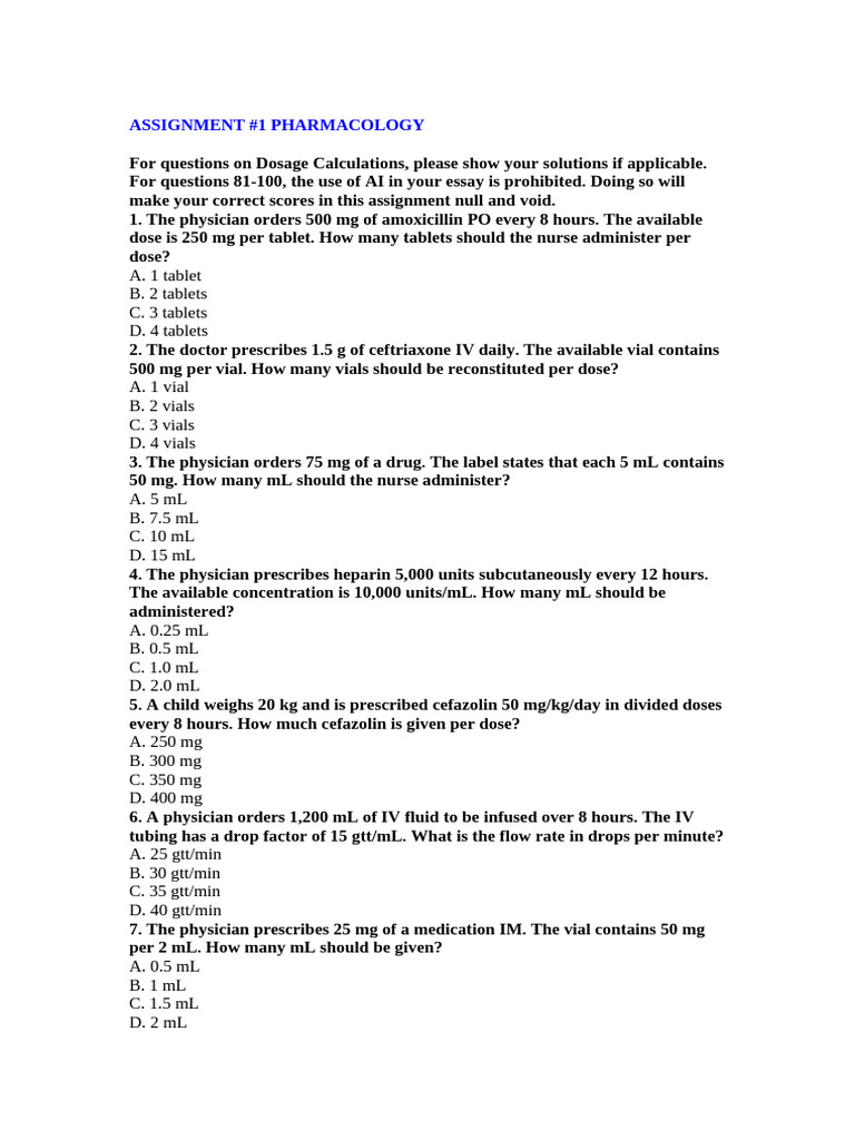 Pharmacology Assignment: Dosage Calculations | PDF | Multiple Sclerosis ...