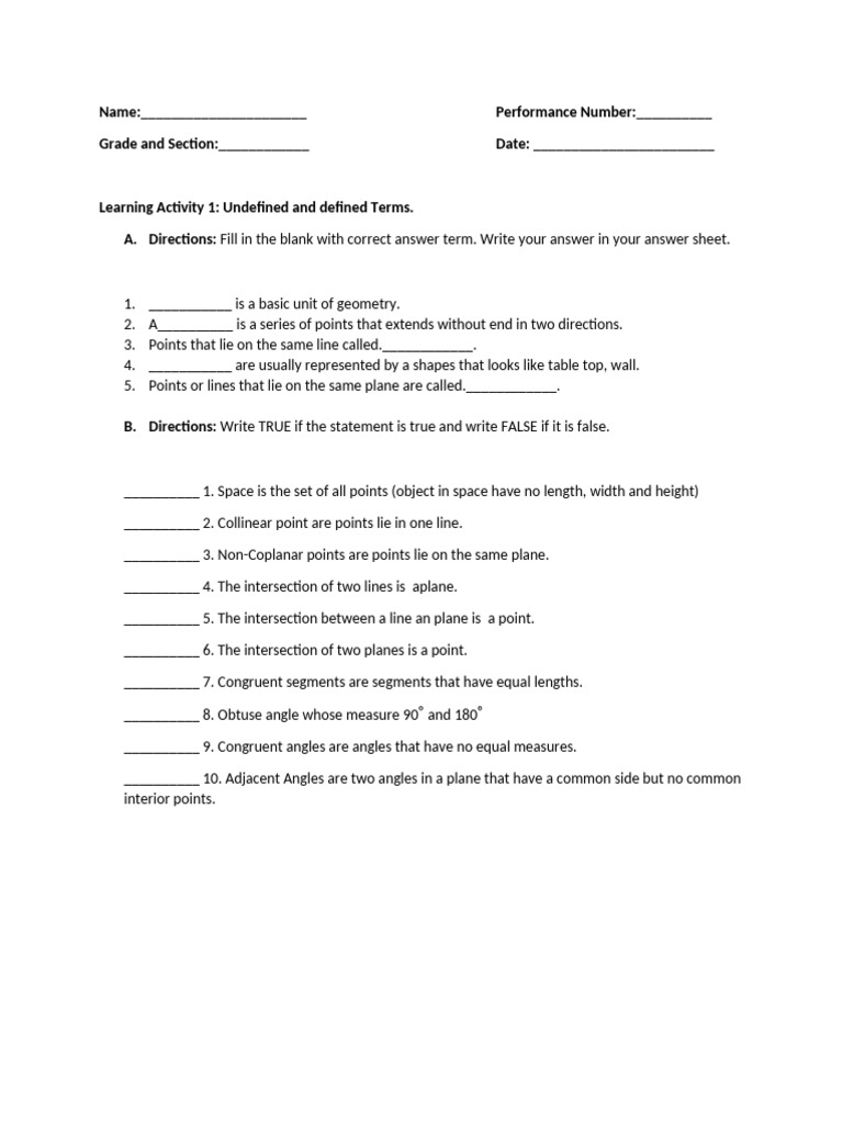 Geometry Performance Task Worksheet | PDF | Line (Geometry) | Angle