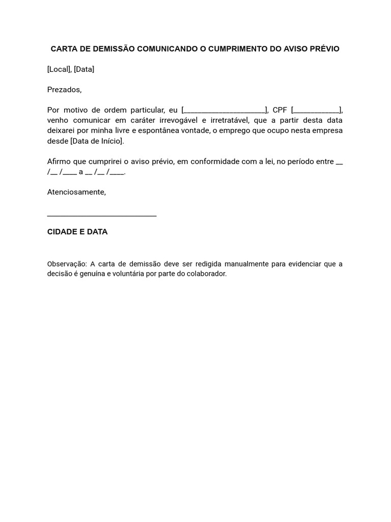 Carta De Demissão Comunicando O Cumprimento Do Aviso Prévio Pdf