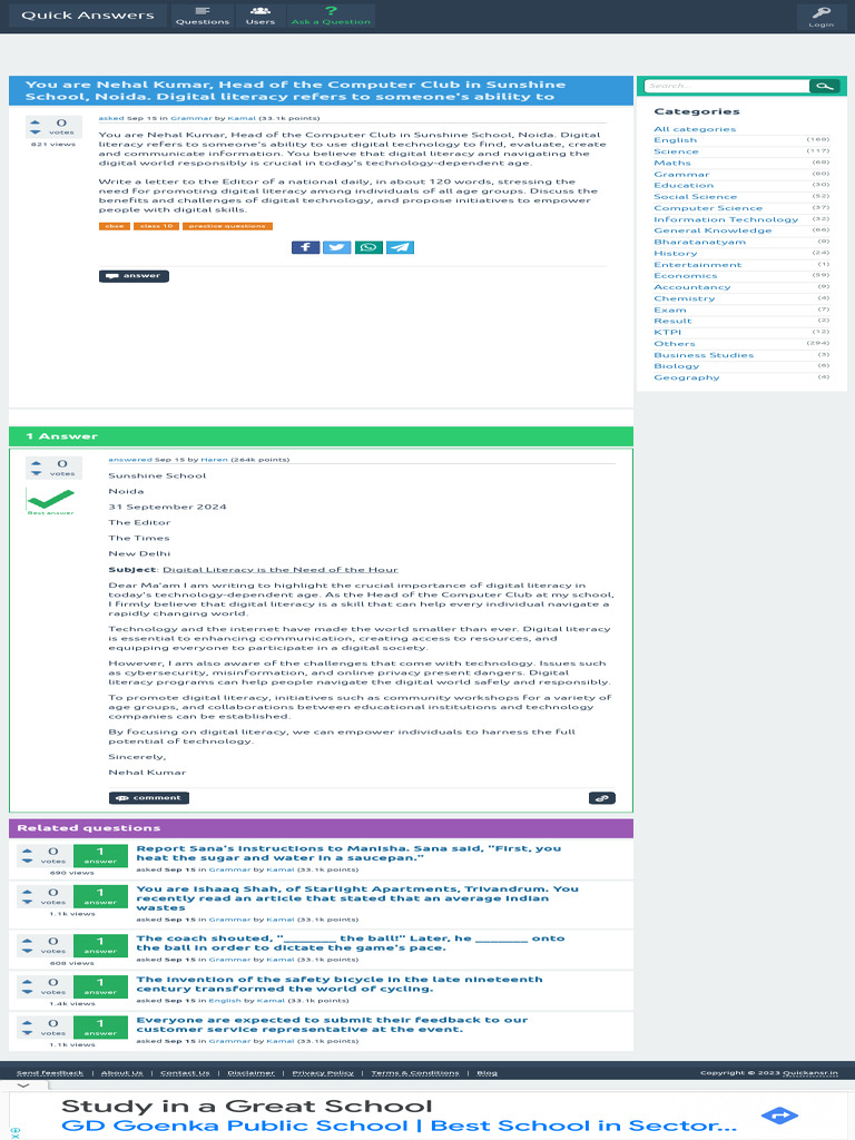You Are Nehal Kumar, Head of The Computer Club in Sunshine School, Noida. Digital Literacy ...