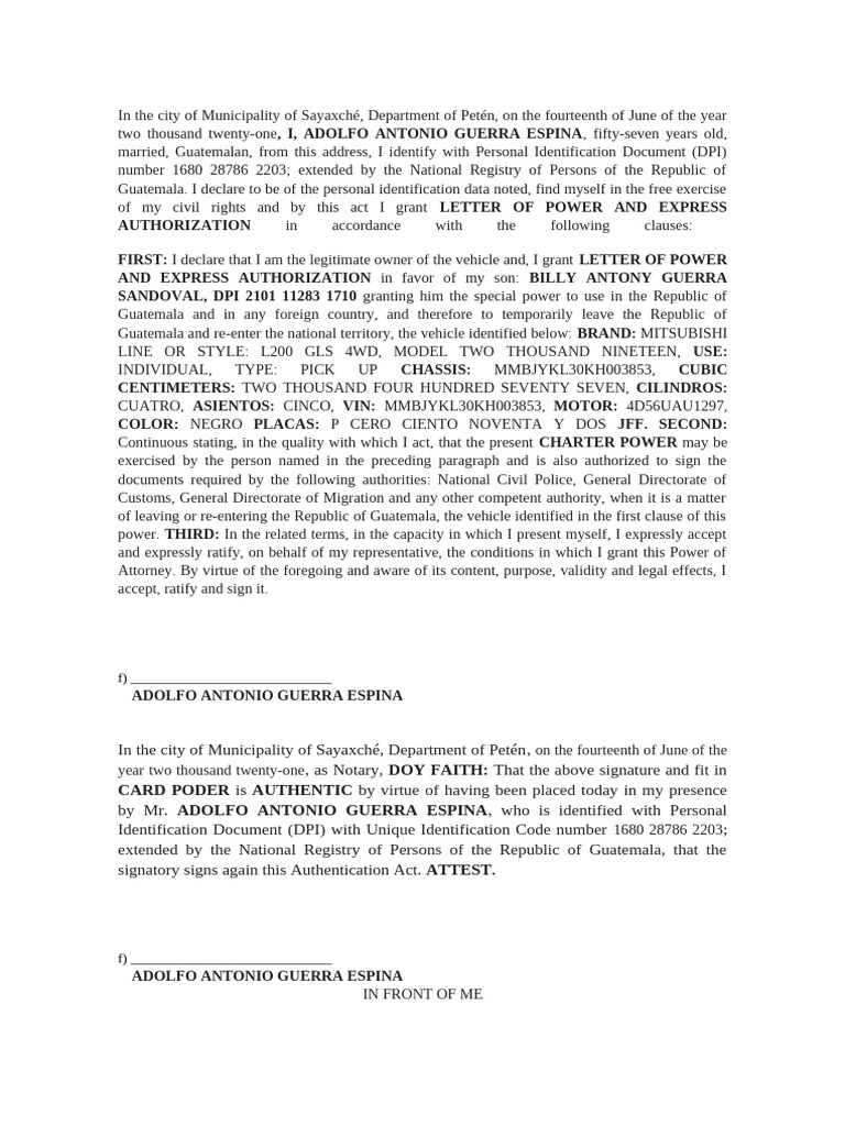 Carta Poder para Uso de Vehículo | PDF | Authentication | Access Control