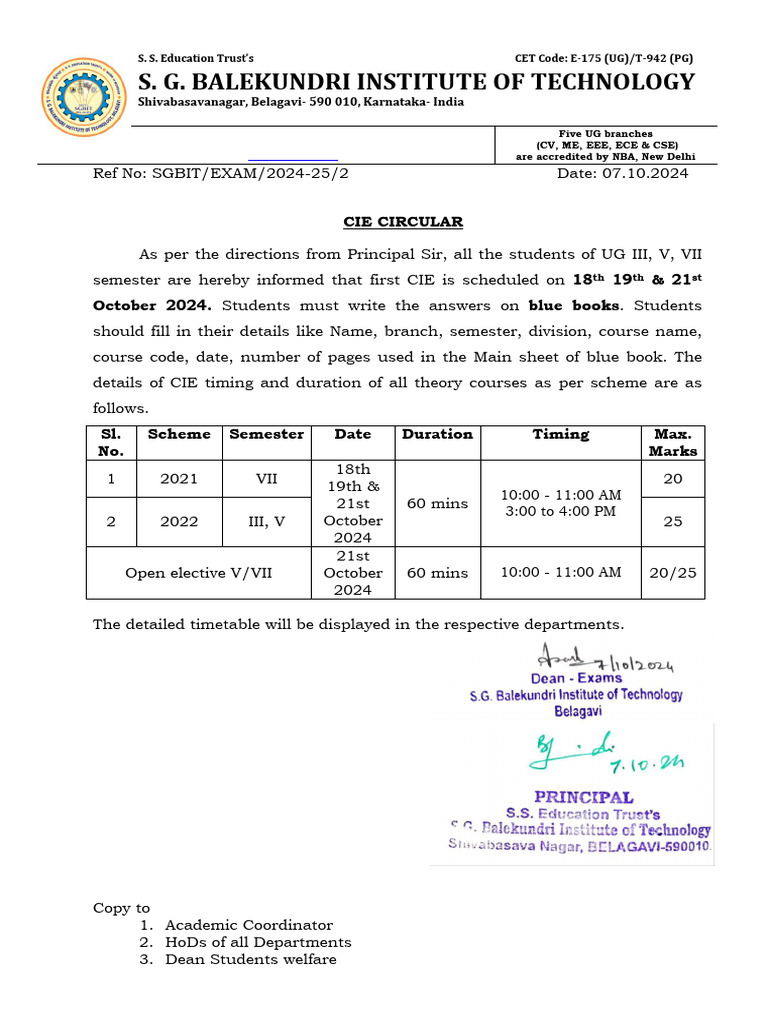 CIE Schedule for UG Students at SGBIT | PDF