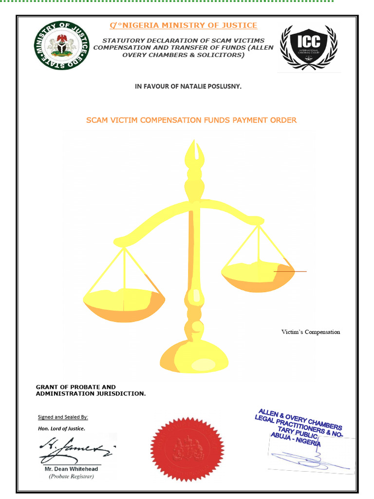 Scam Victim Compensation Order for Natalie Poslusny | PDF ...
