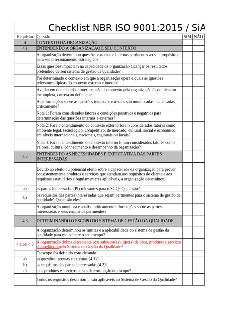 Checklist NBR ISO 9001 2015 - PBQP-H - Geral | PDF | Qualidade ...