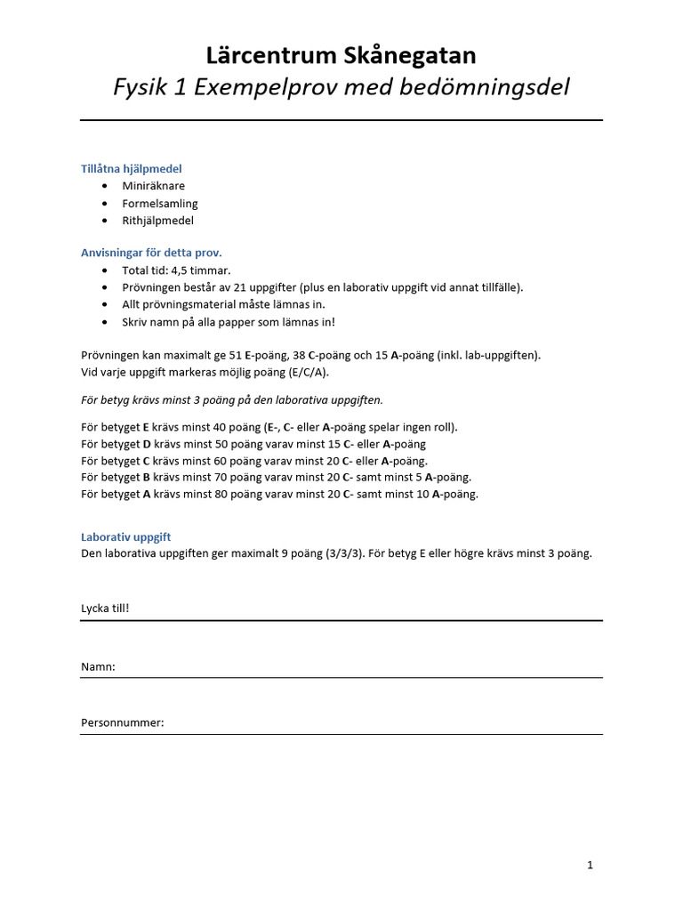 Fysik 1 Exempelprov | PDF