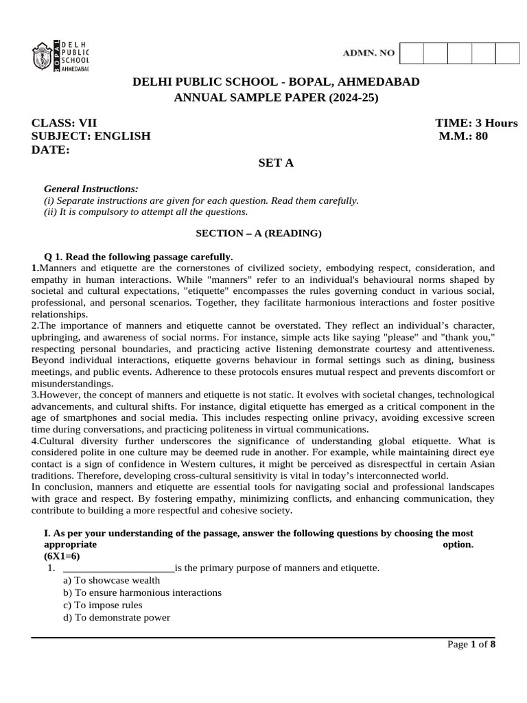Class 7 Annual Sample Paper - Final | PDF | Human Rights | Etiquette