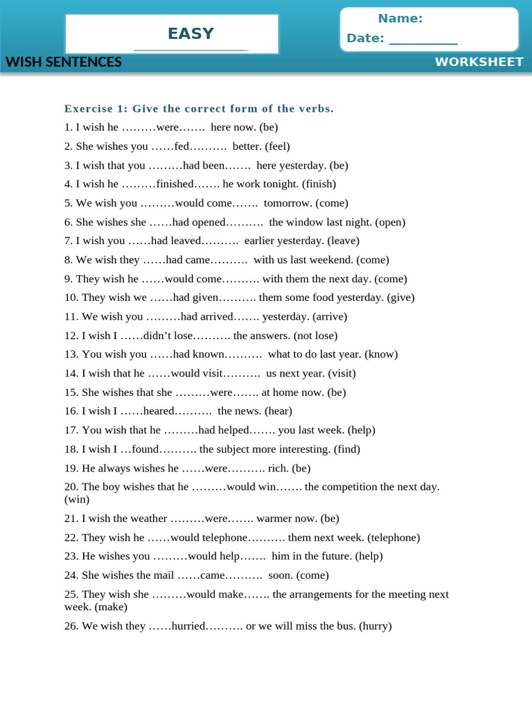 Wish Sentences Worksheet | PDF | Linguistics | Grammar