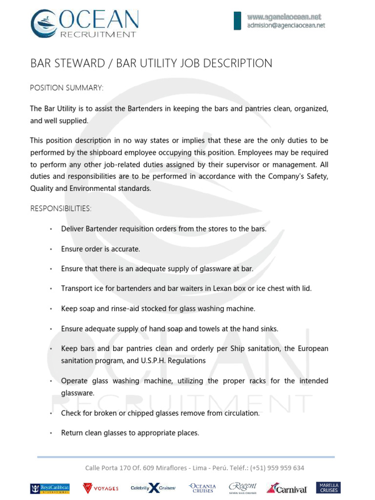 Bar Steward Job Description | PDF | Visual Perception | Pantry