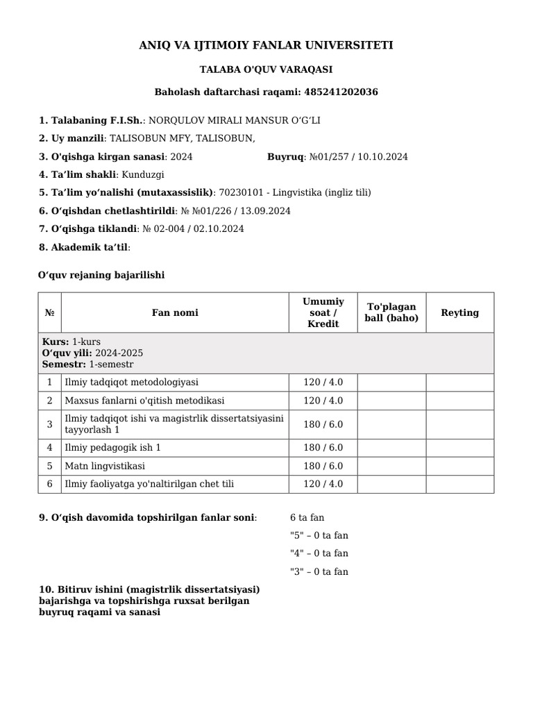 Talaba Varaqasi 485241202036 | PDF
