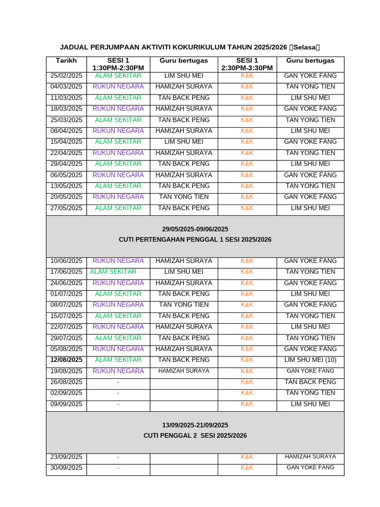 Jadual Perjumpaan Aktiviti Kokurikulum Tahun 2025 | PDF