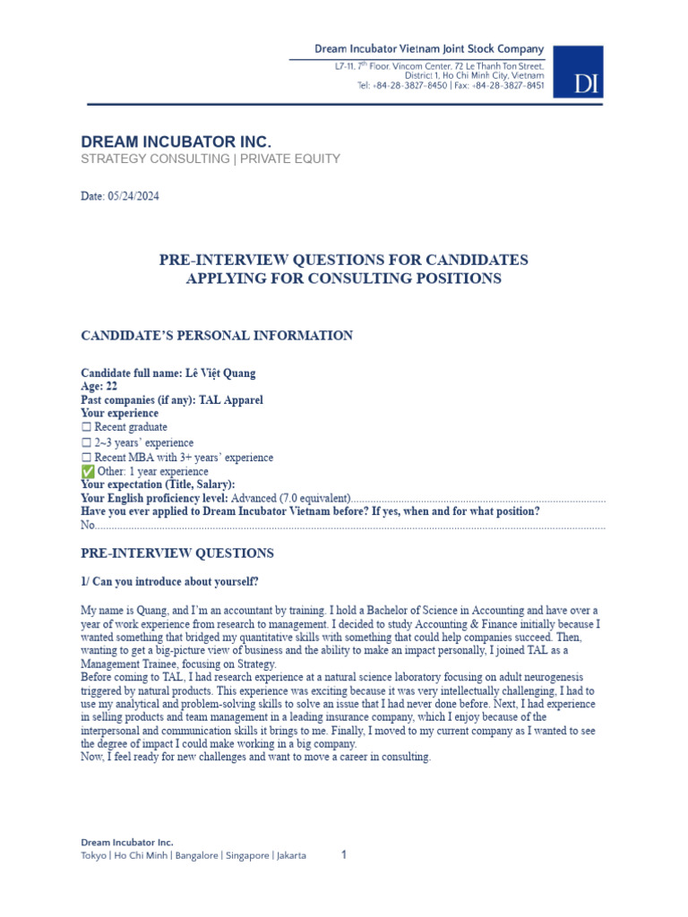 Di - Pre-Interview Questions For Consulting Candidates | PDF ...