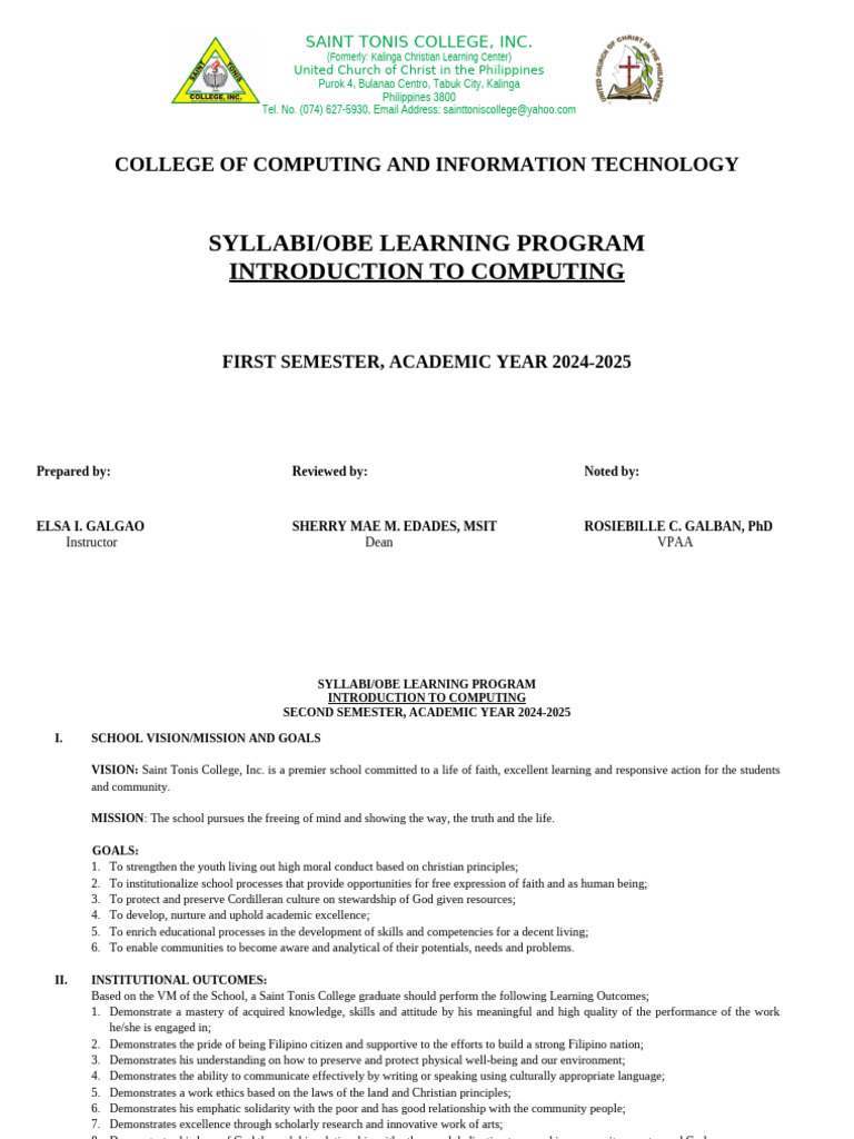 Introduction To Computing Syllabus | PDF | Microsoft Excel | Operating ...