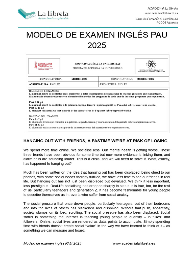 016 - PAU Inglés - Modelo 2025 | PDF | Behavioural Sciences | Psychology