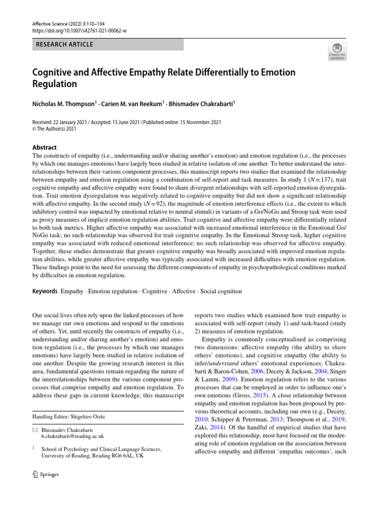Cognitive and Affective Empathy Relate Differentially to Emotion Regulation | PDF | Empathy ...