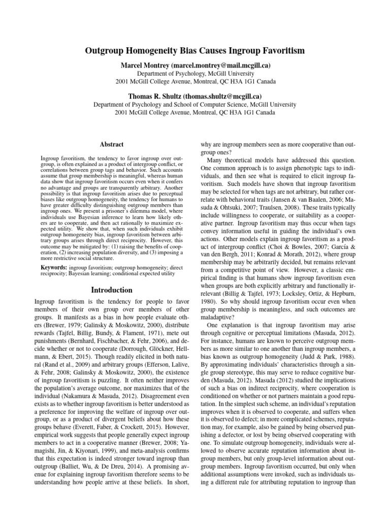 Outgroup Homogeneity Bias Causes Ingroup Favoritism | PDF | Stereotypes ...