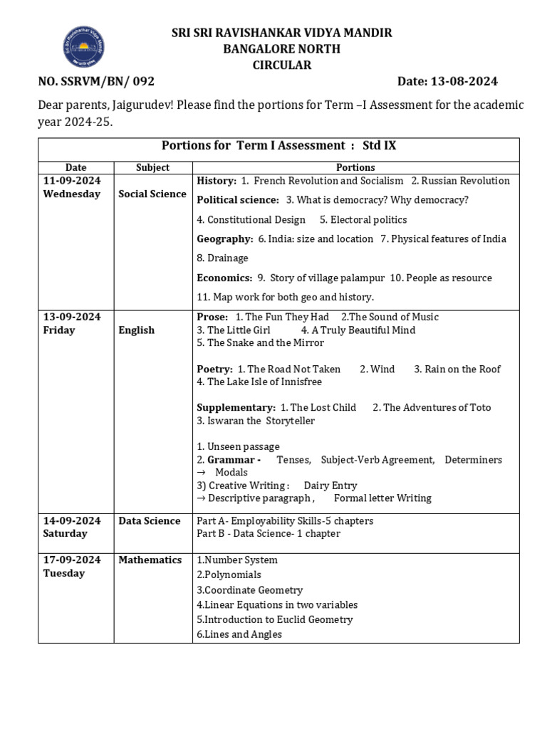 9th STD TERM-I Portions 2024-25 | PDF