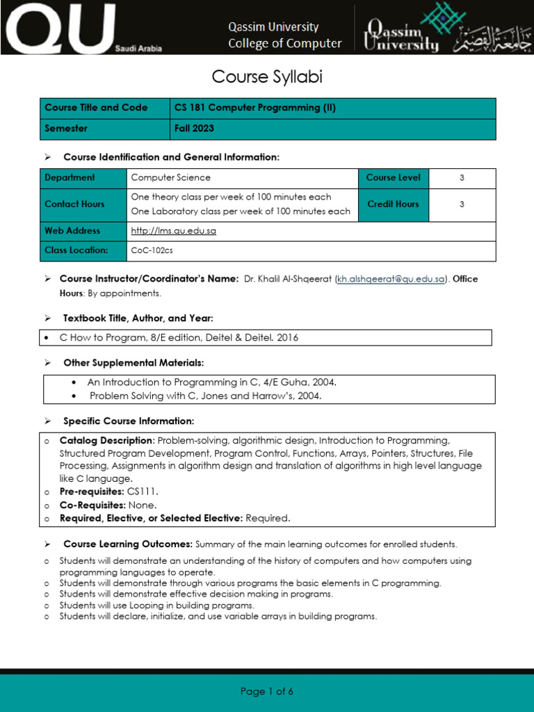 CS181 Course Syllabus CS 451(1) | PDF | Pointer (Computer Programming ...