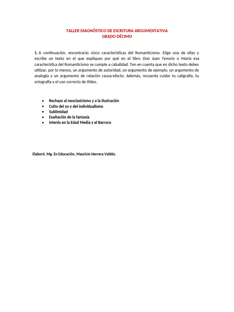 Taller Diagnóstico de Escritura Argumentativa | PDF