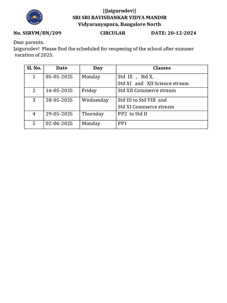 School Reopening Dates 2025 in Bangalore | PDF