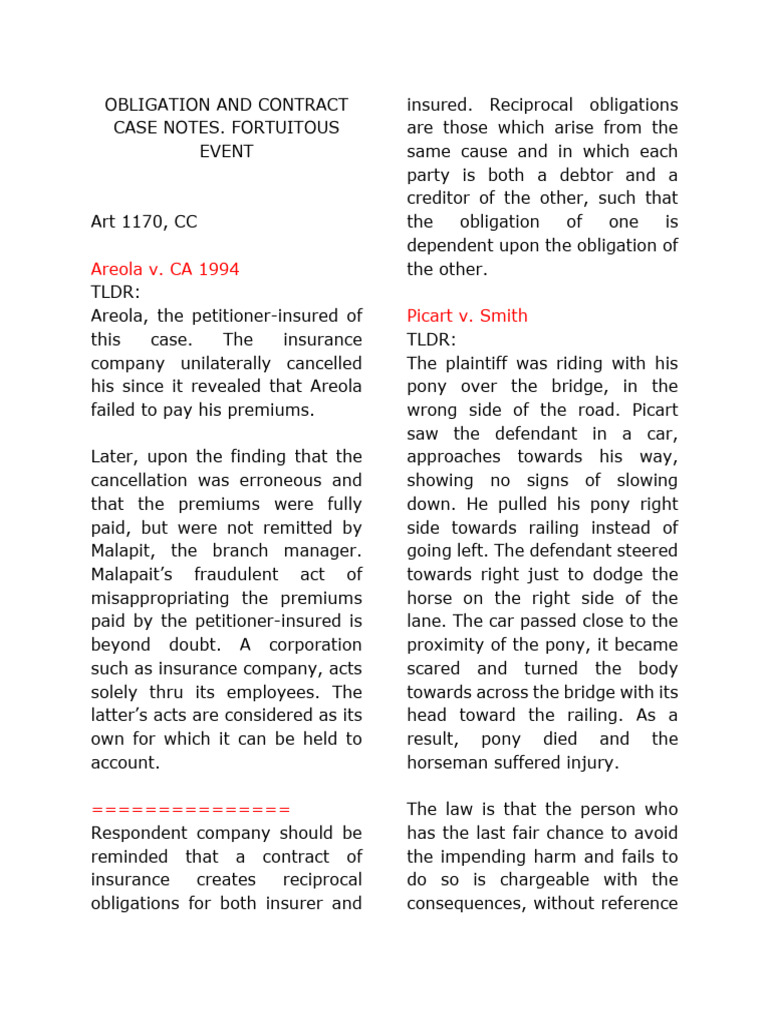 Obligation and Contract Case Digest | PDF | Negligence | Damages