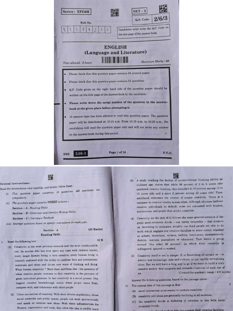 Cbse Class 10 English Language Literature Question Paper 2025 Set 3 | PDF