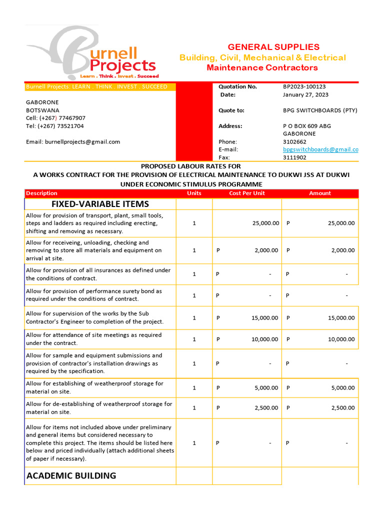Proposed Rates For Dukwi | PDF | Fluorescent Lamp | Electrical Wiring