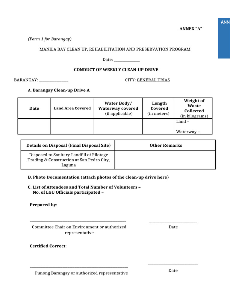Weekly Barangay Clean-Up Report | PDF