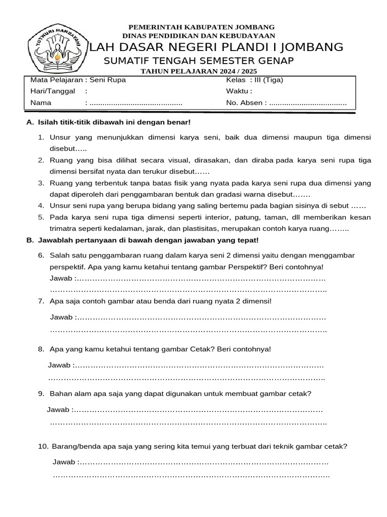 Soal STS Genap Seni Rupa Kelas 3 | PDF