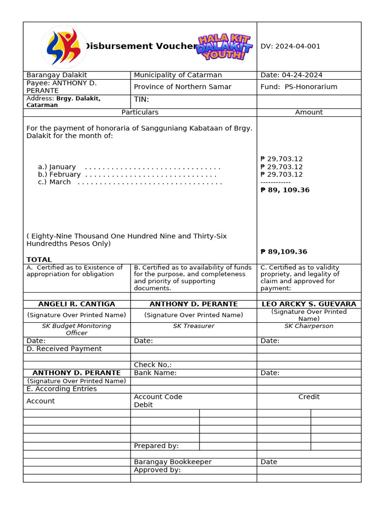 Barangay Dalakit Disbursement Vouchers | PDF | Payments | Bookkeeping