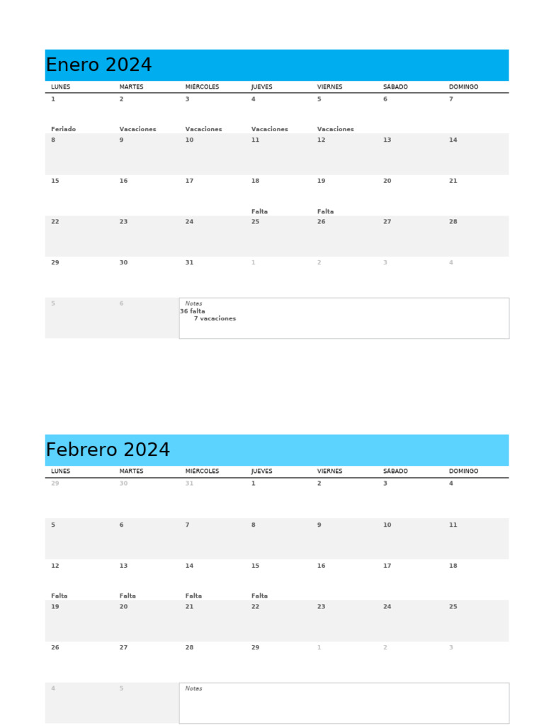 Calendario 2024: Feriados y Faltas | PDF