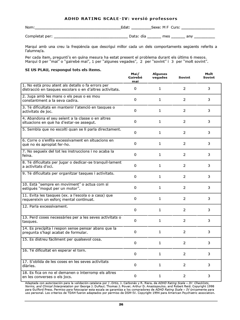 ADHD RATING SCALE IV - Professores | PDF