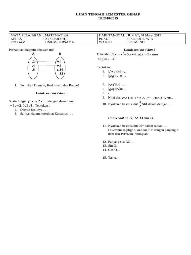 SOAL PTS MTK X MA Tahun 2020 | PDF